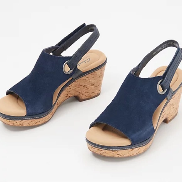 Clarks | Shoes | Clarks Collection Suede Cork Wedges Giselle Sea | Poshmark